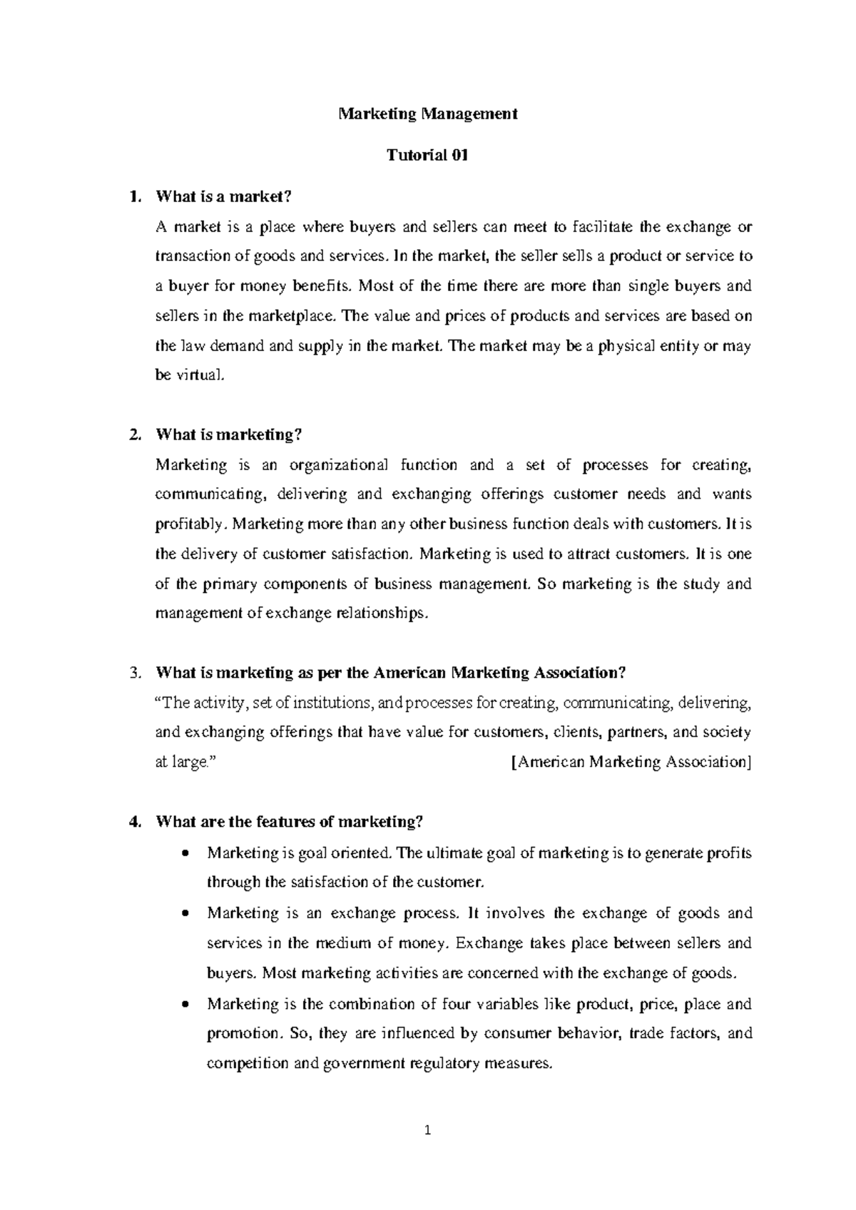 Marketing Management - Tutorial 1 (Questions and Answers) - Marketing ...