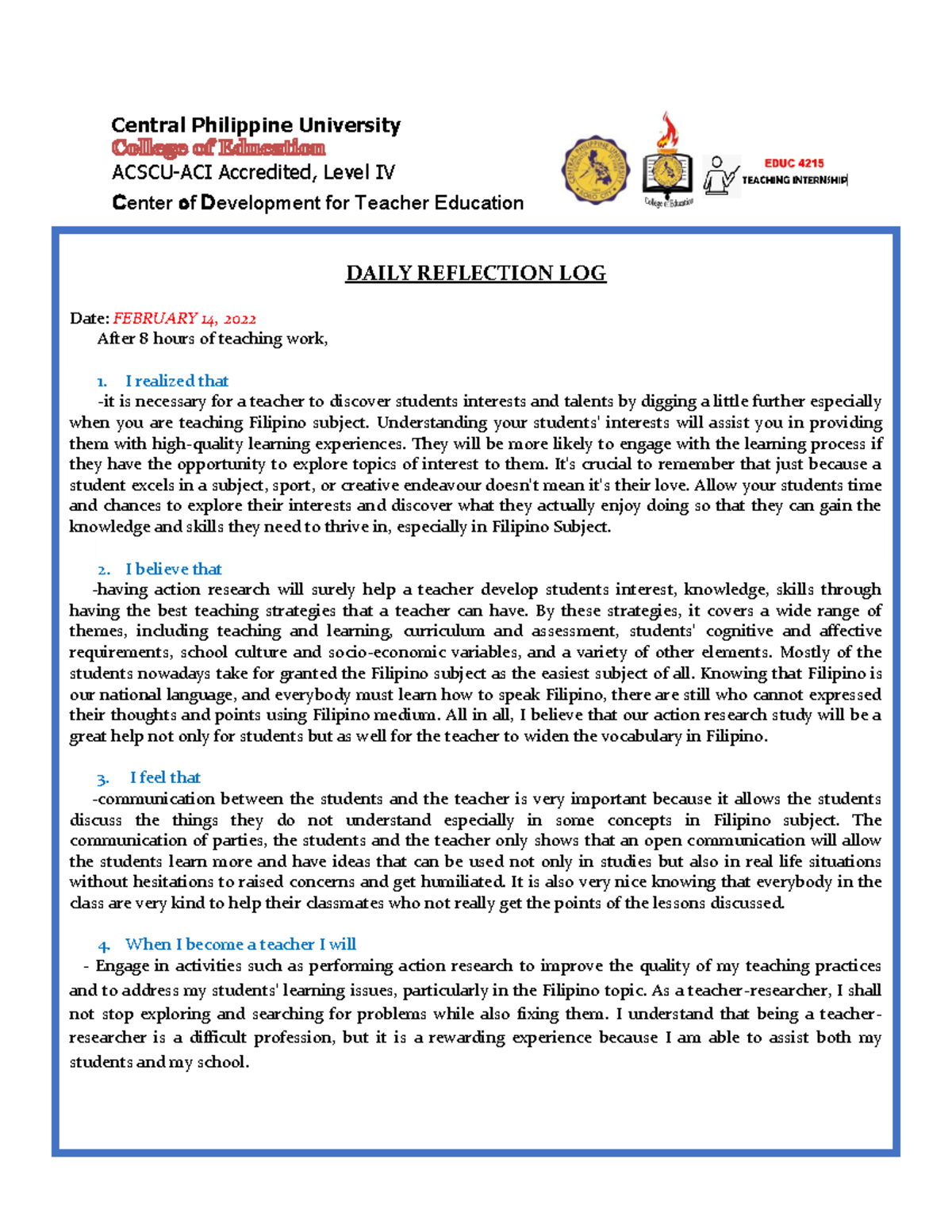 Somogat Daily Reflection Log (week 1 - ACSCU-ACI Accredited, Level IV ...