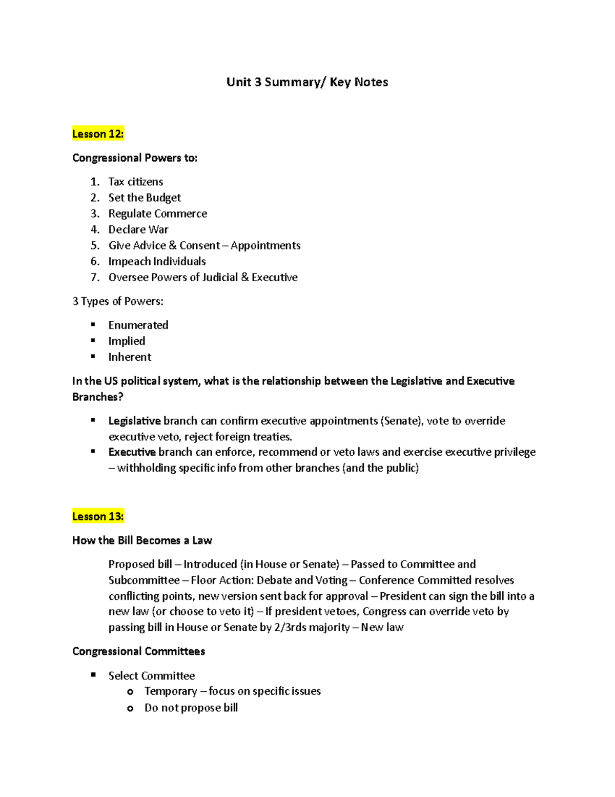 Unit 3 Summary - Unit 3 Notes - Unit 3 Summary/ Key Notes Lesson 12 ...