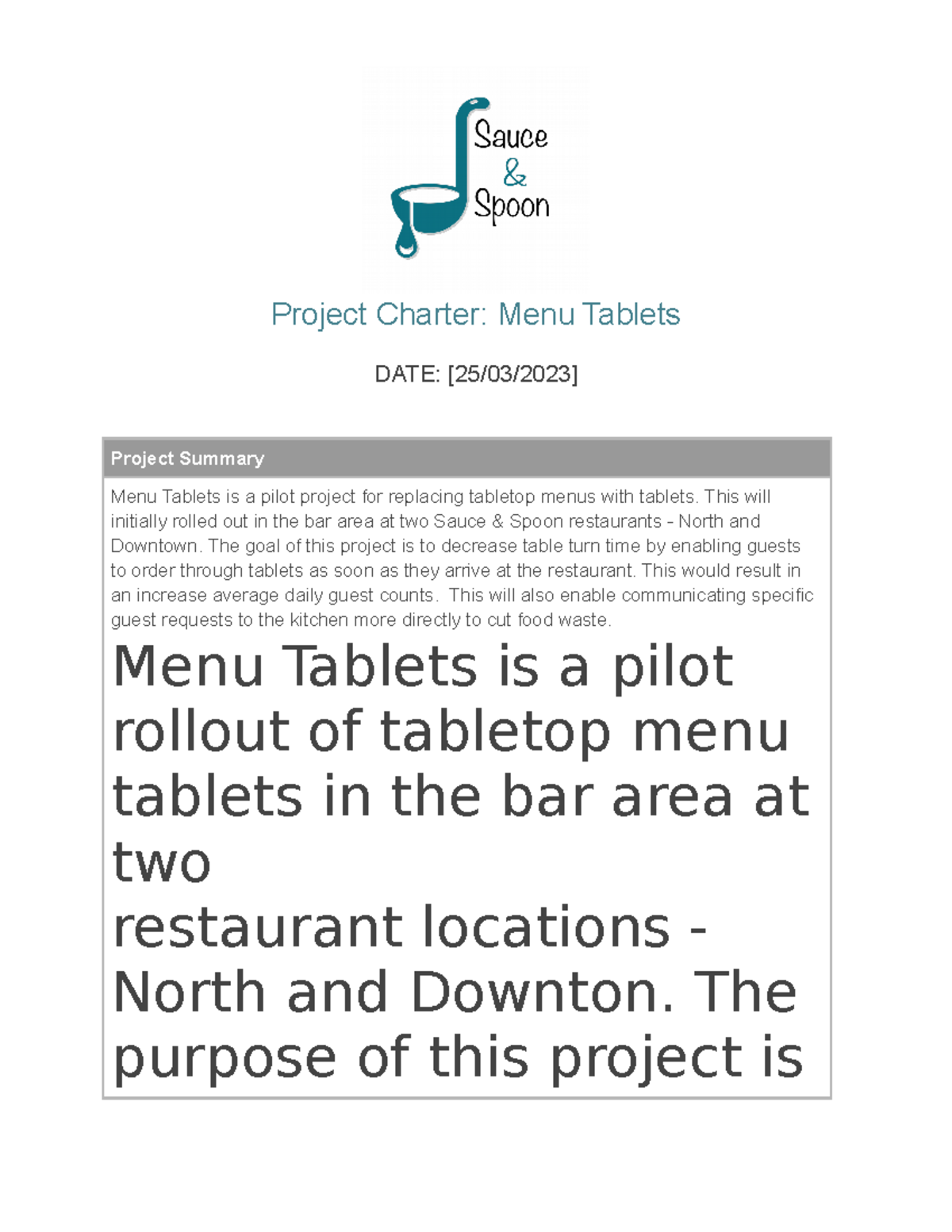 Menu Tablets Project Charter Ashutosh K - Project Charter: Menu Tablets DATE: [25/03/2023 ...