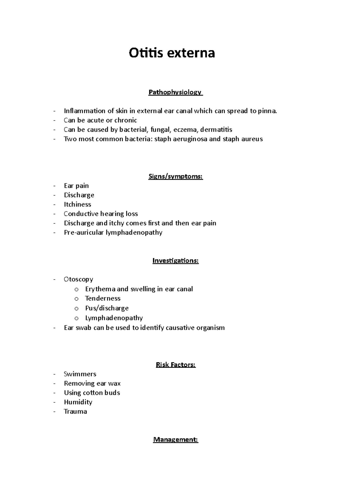 Otitis externa notes - Otitis externa Pathophysiology Inflammation of ...