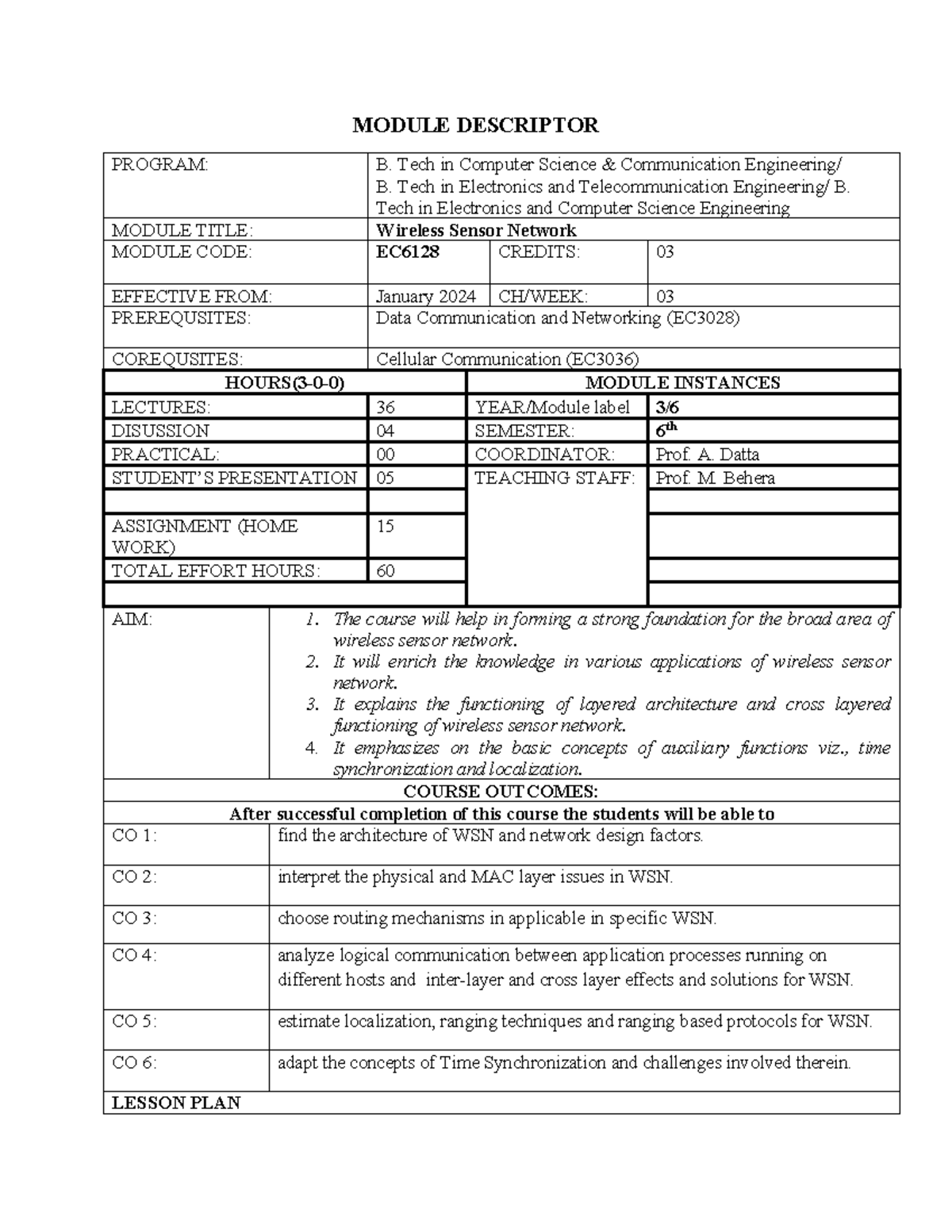 Wsn Module Descriptor 2021 Batch Module Descriptor Program B Tech In Computer Science