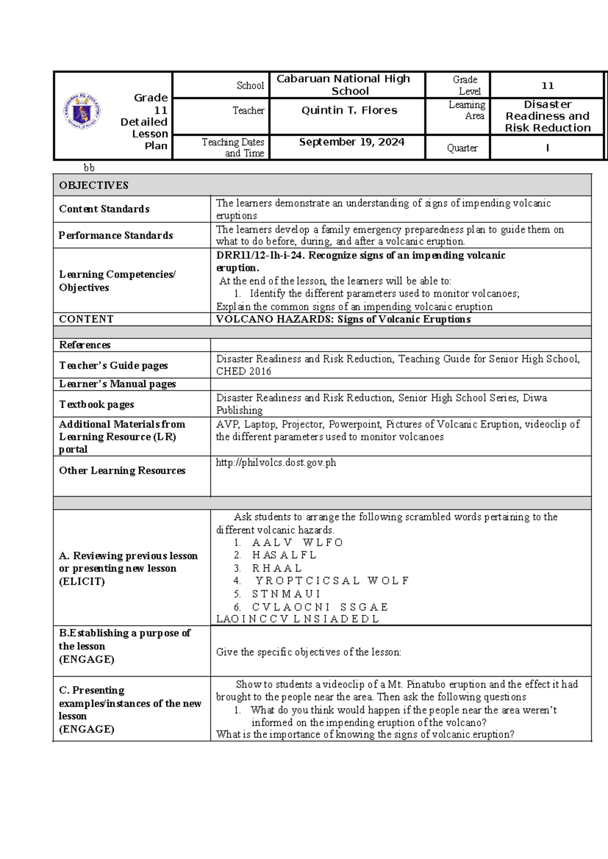 DLP DRRR sep 19 '24 - Disaster - Grade 11 Detailed Lesson Plan School ...
