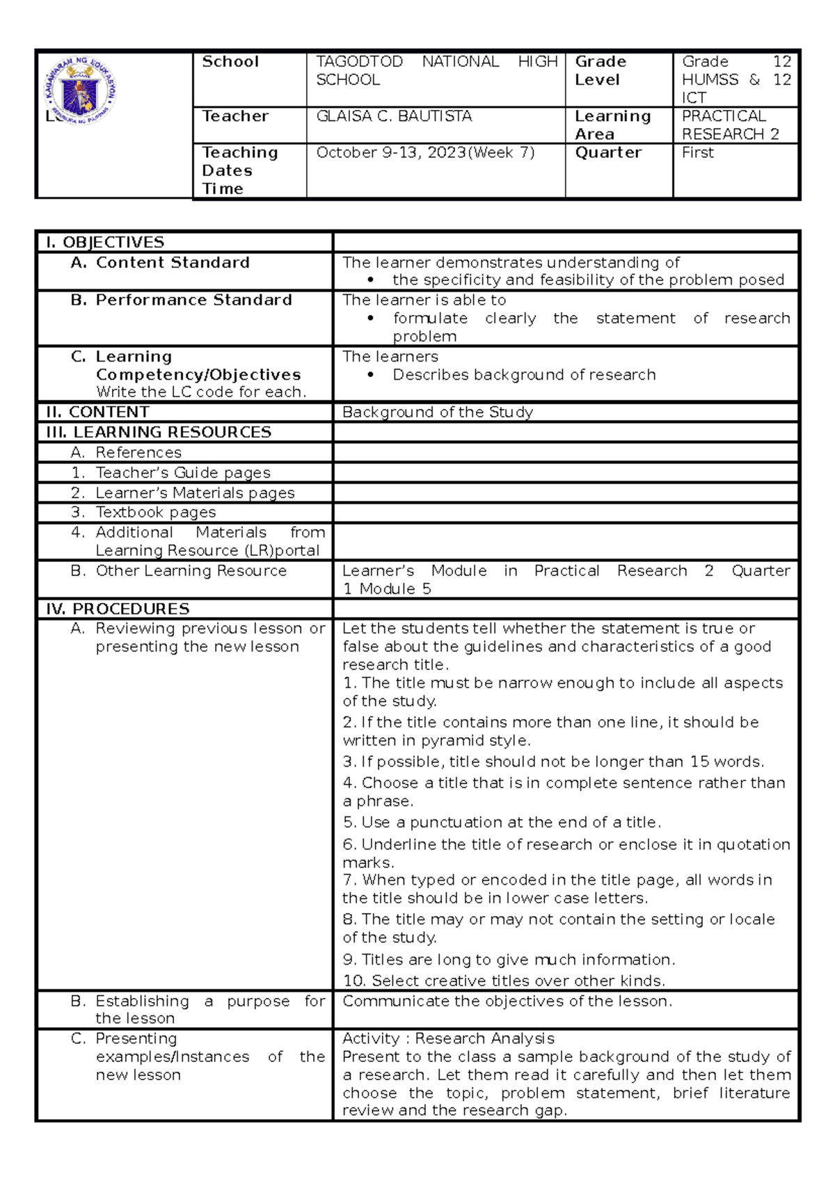 Dll pr2 q1 week 7 background of the study - DAILY LESSON LOG School ...