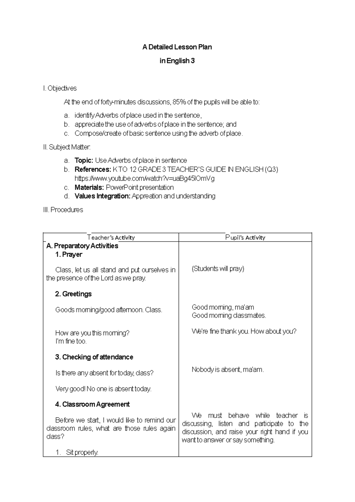 A Detailed Lesson Plan English 3 Adverb of Place - A Detailed Lesson ...
