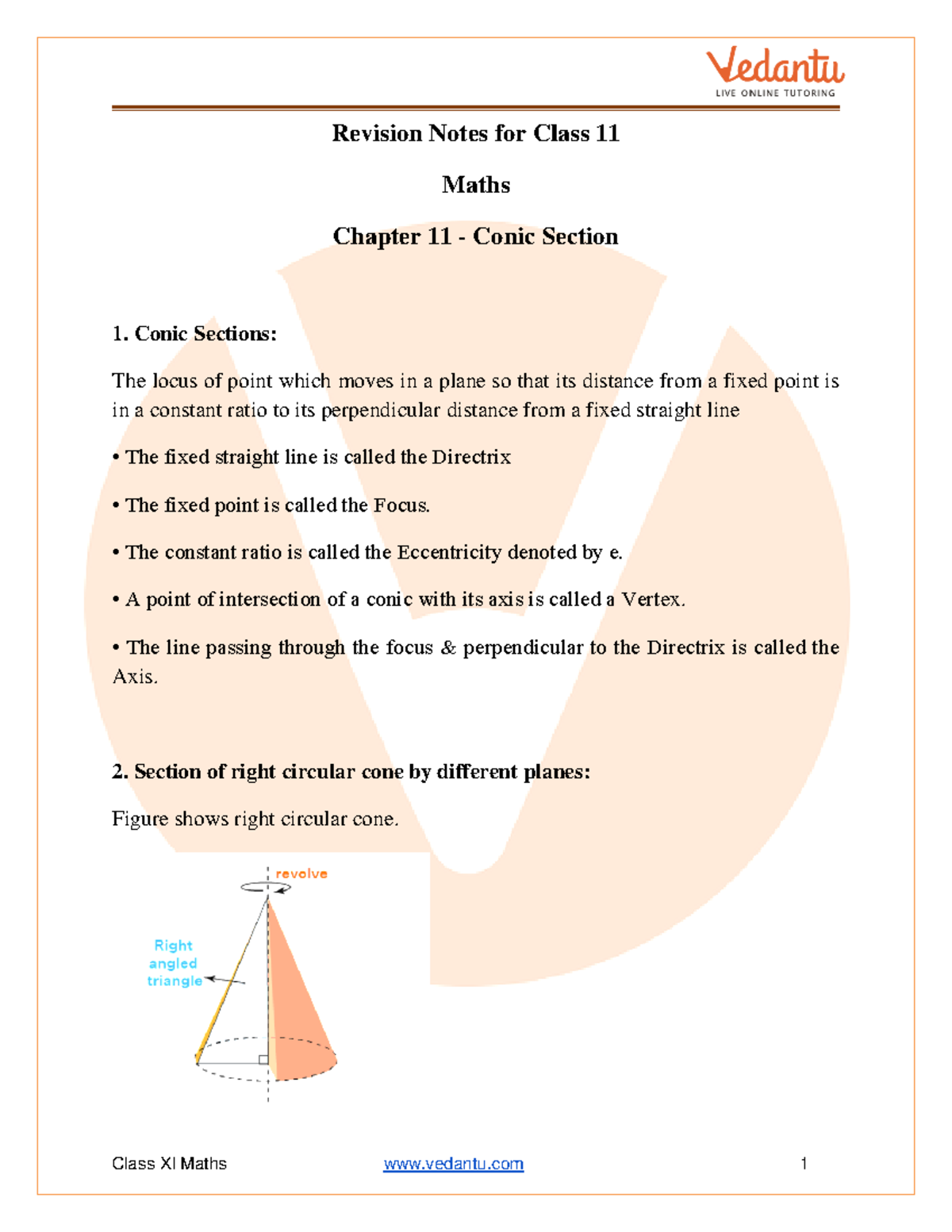 Class 11 maths Revision Notes conic sections - Revision Notes for Class ...