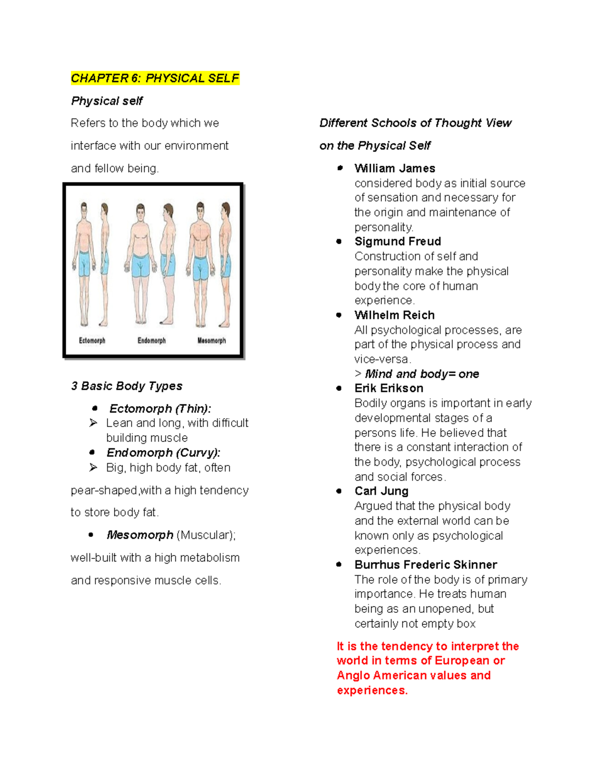 UNDS - Lecture notes 7-10 - CHAPTER 6: PHYSICAL SELF Physical self ...