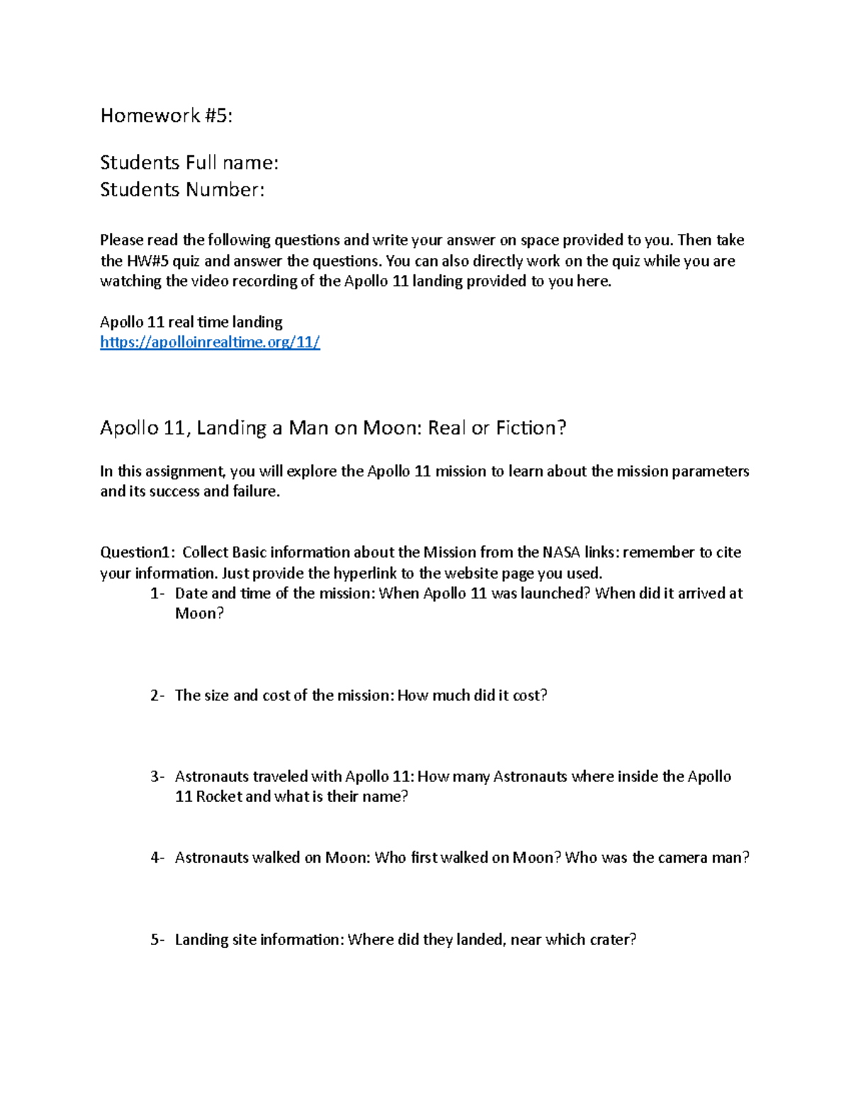 HW5-Apollo 11 landing - Homework #5: Students Full name: Students ...