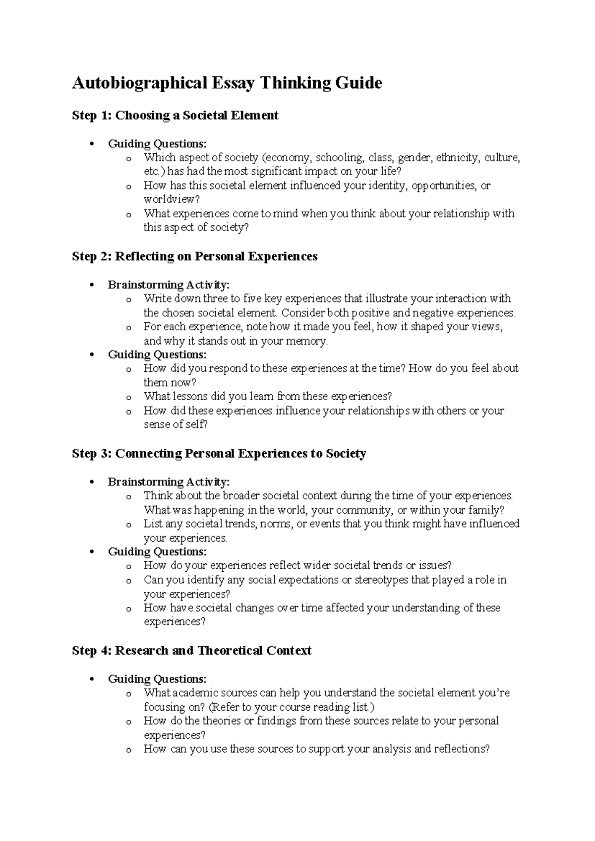 Sociol 10101 G Autobiographical Essay Guide-2 - Autobiographical Essay ...