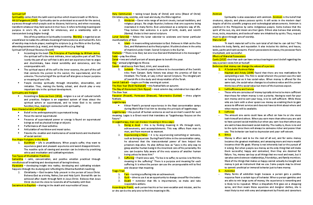 Uts quiz - summarized version - Spiritual Self Spirituality comes from ...