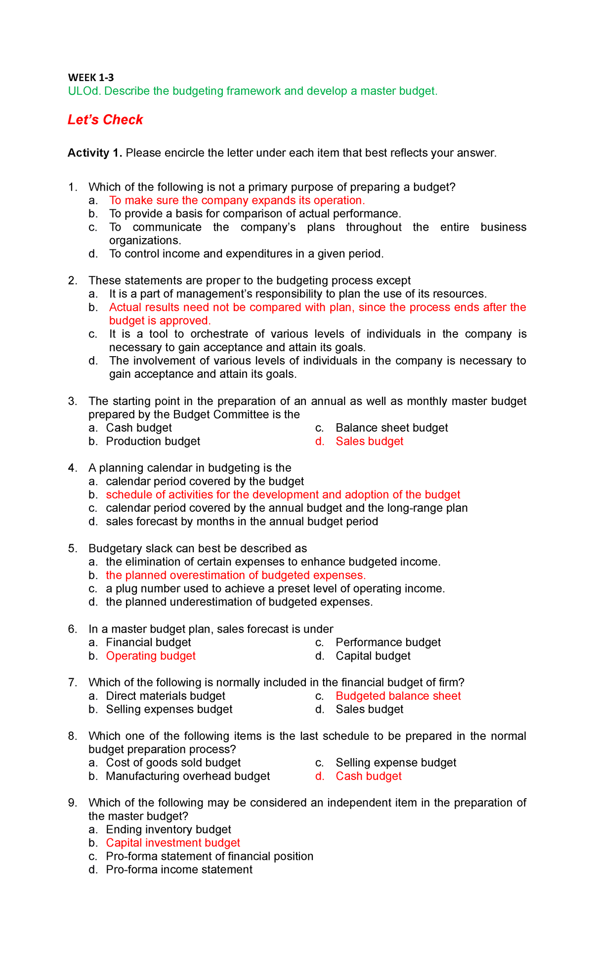 ACC 213 Check 4 ANSWER KEY WEEK 1 ULOd Describe The Budgeting