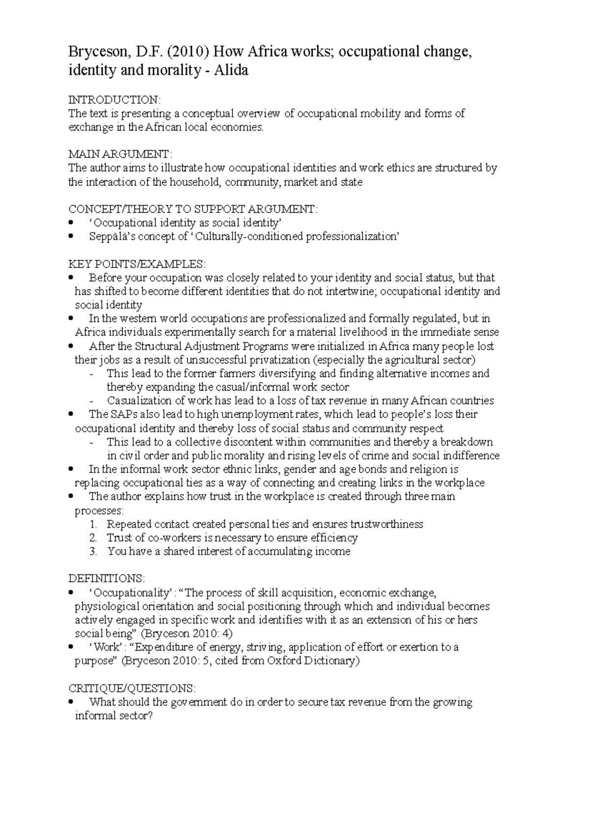 Summary Bryceson, D.F. (2010 ) Africa at work- transforming ...