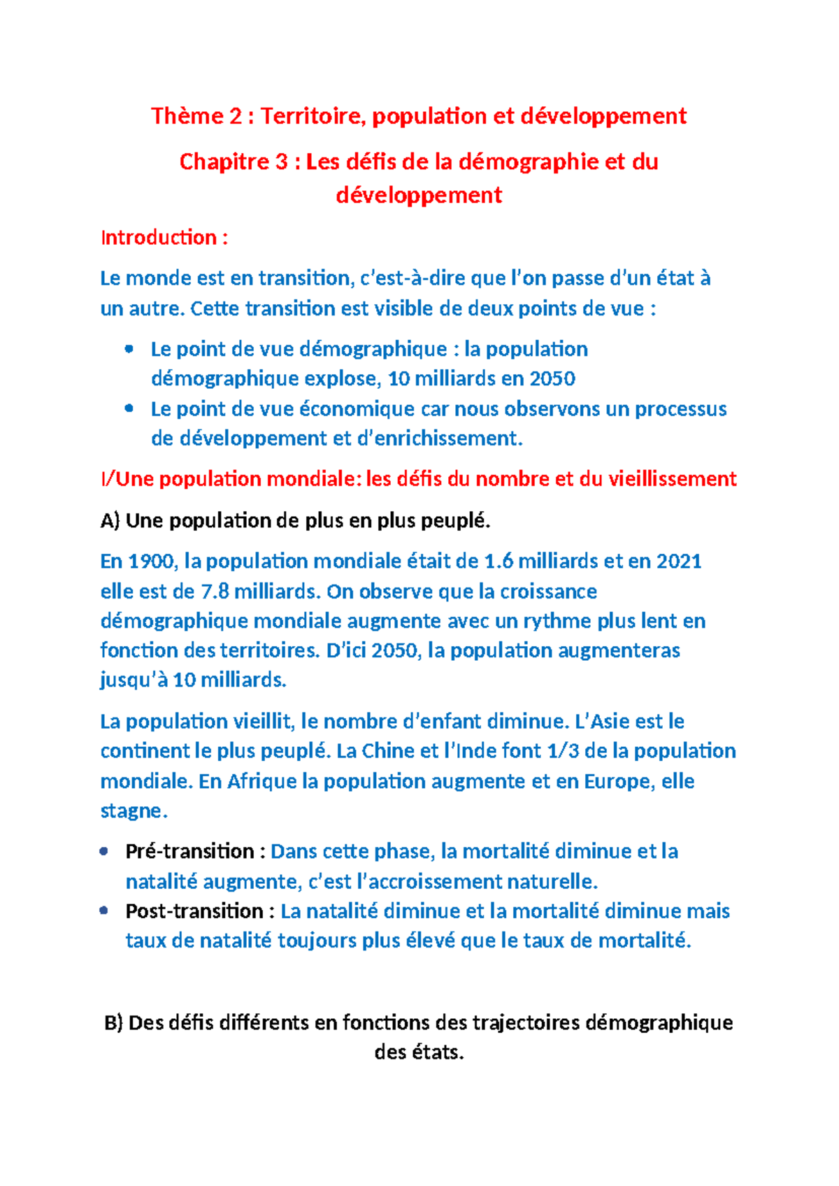 Thème 2 chapitre 1 géo - Thème 2 : Territoire, population et développement Chapitre 3 : Les ...