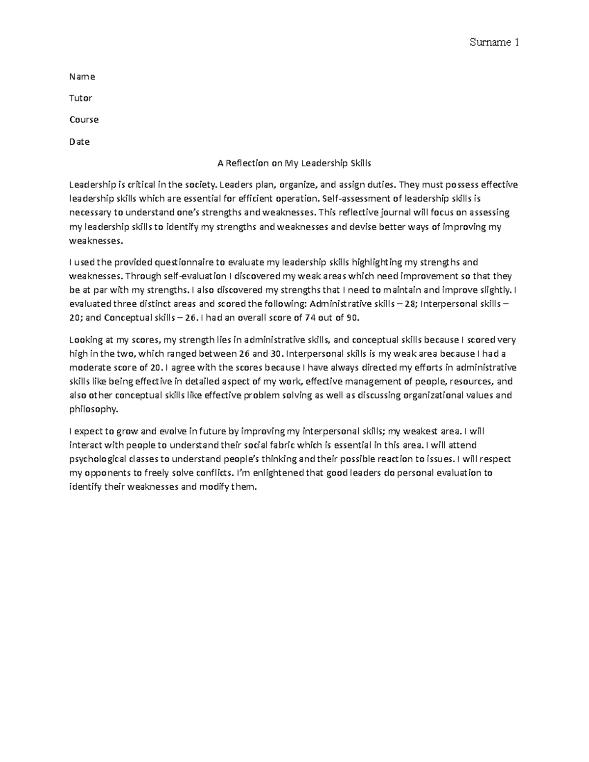 Reflection on Leadership skills - Surname 1 Name Tutor Course Date A ...