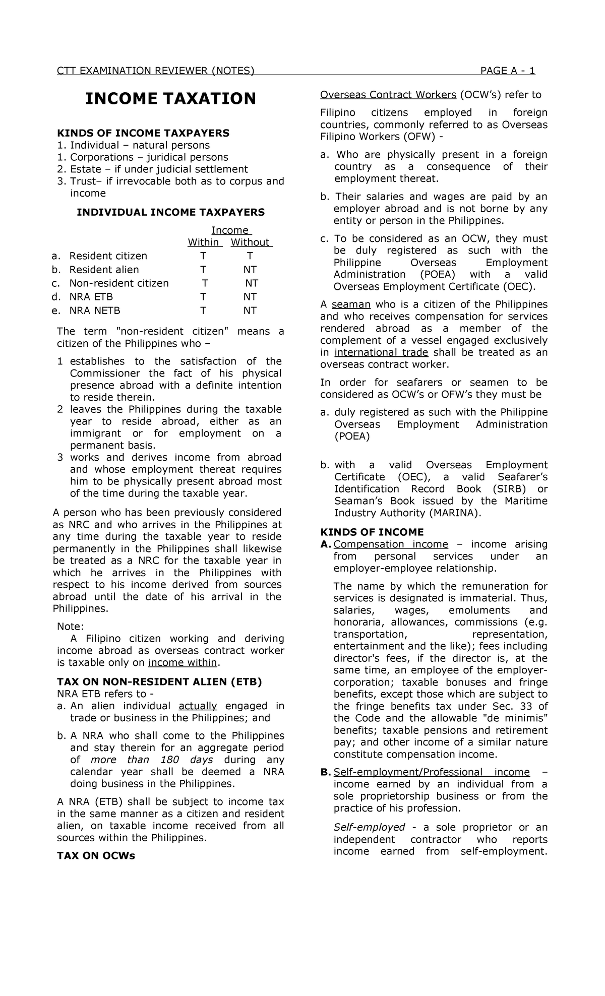 Income Taxation - tax - INCOME TAXATION KINDS OF INCOME TAXPAYERS ...