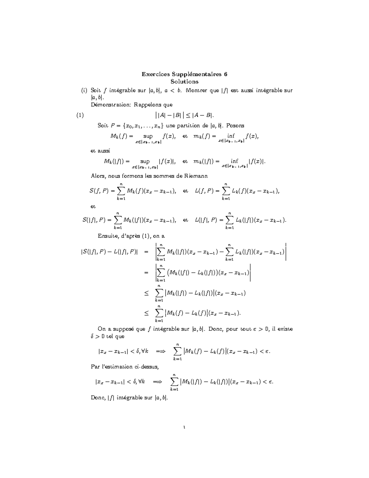 E6 - S - Exercices 6, solutions - Exercices Suppl ́ementaires 6 Solutions (i) Soit f int ...