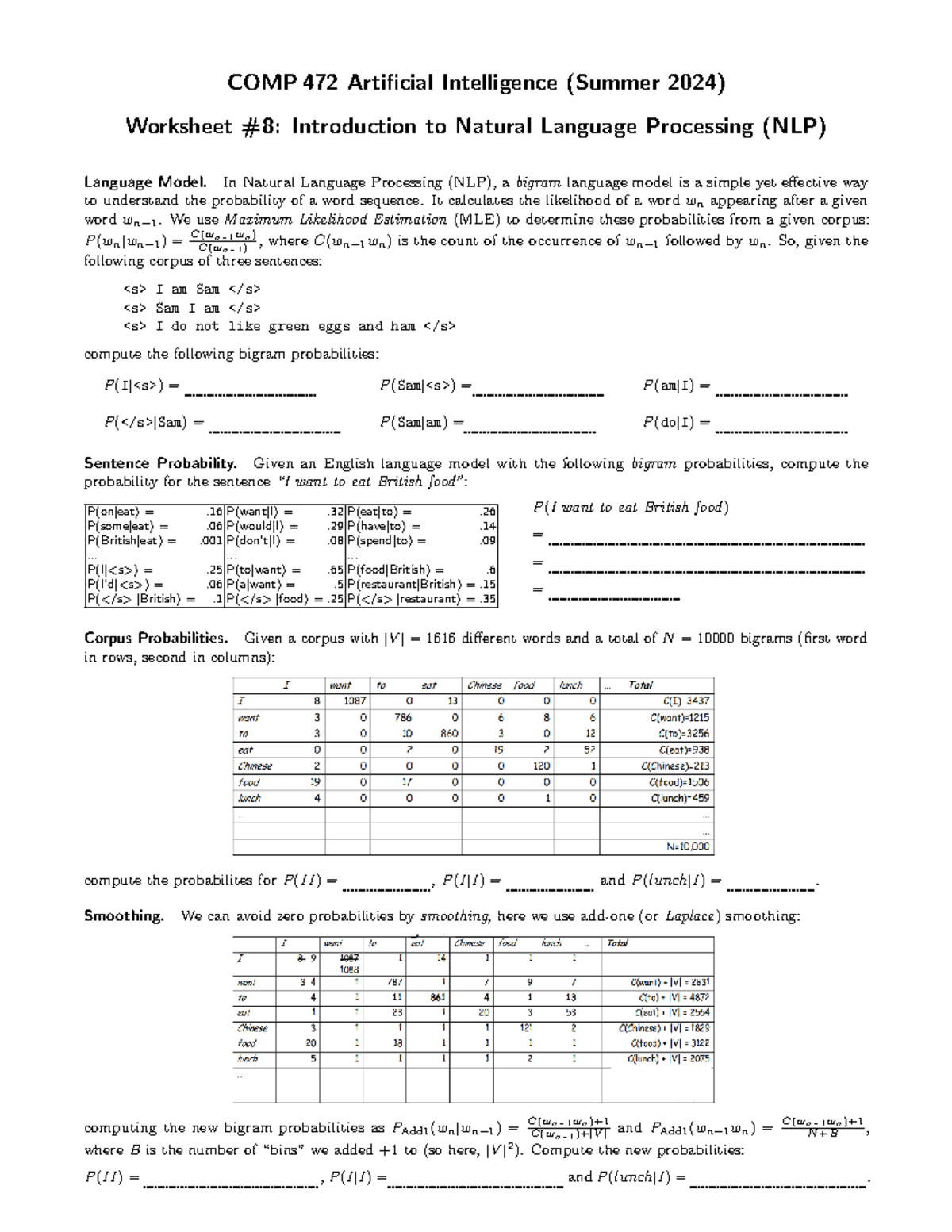 09 nlp ex - NLP Lab - COMP 472 Artificial Intelligence (Summer 2024) Worksheet #8: Introduction ...