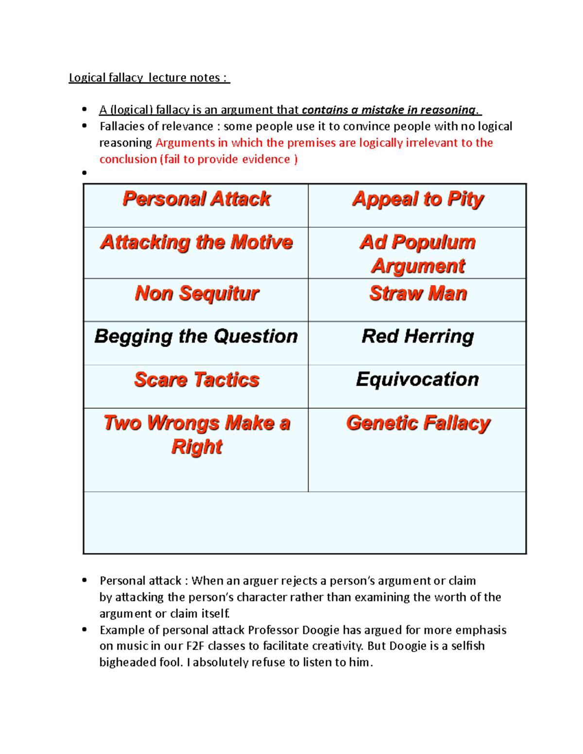 Logical fallacy lecture notes - Fallacies of relevance : some people ...