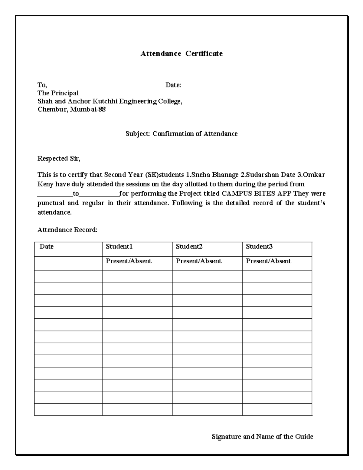 Logbook Mini Project (Sem IV) page 8 - Attendance Certificate To, Date ...