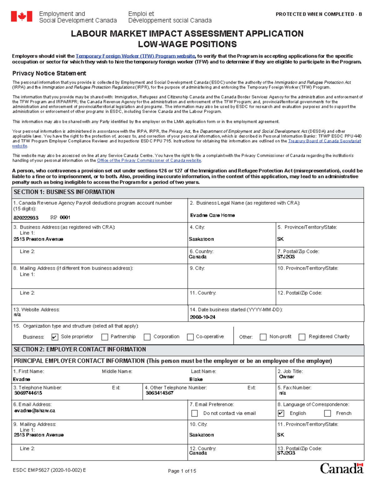 Low Wage Example - none - ####### ESDC EMP5627 (2020-10-002) E ...