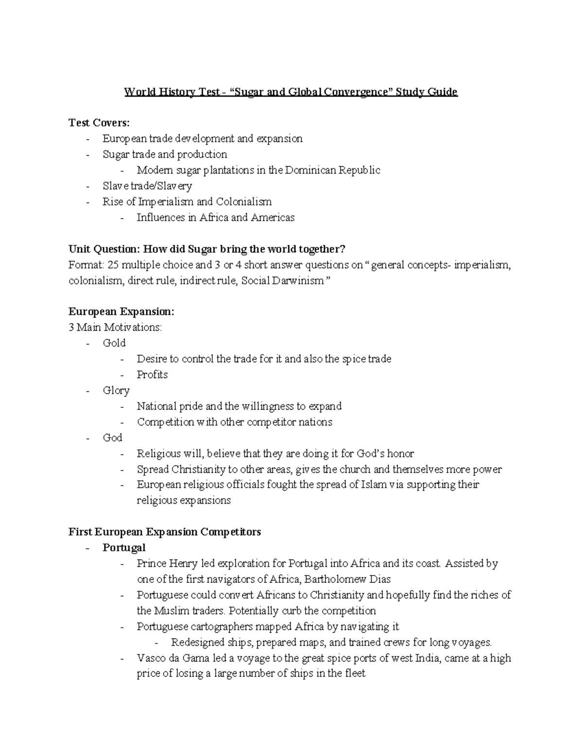 Sugar convergence - World History Test - “Sugar and Global Convergence ...