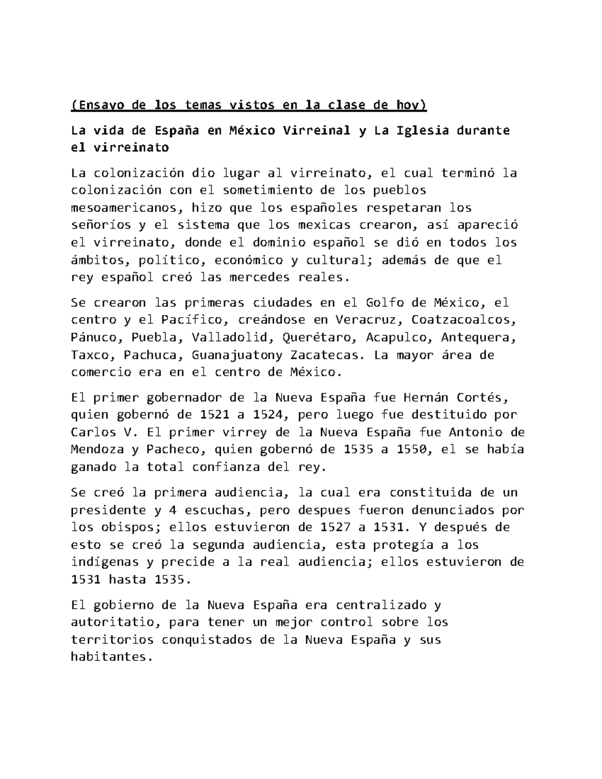 Ensayo - Virreinato 1 - (Ensayo de los temas vistos en la clase de hoy) La vida de España en ...