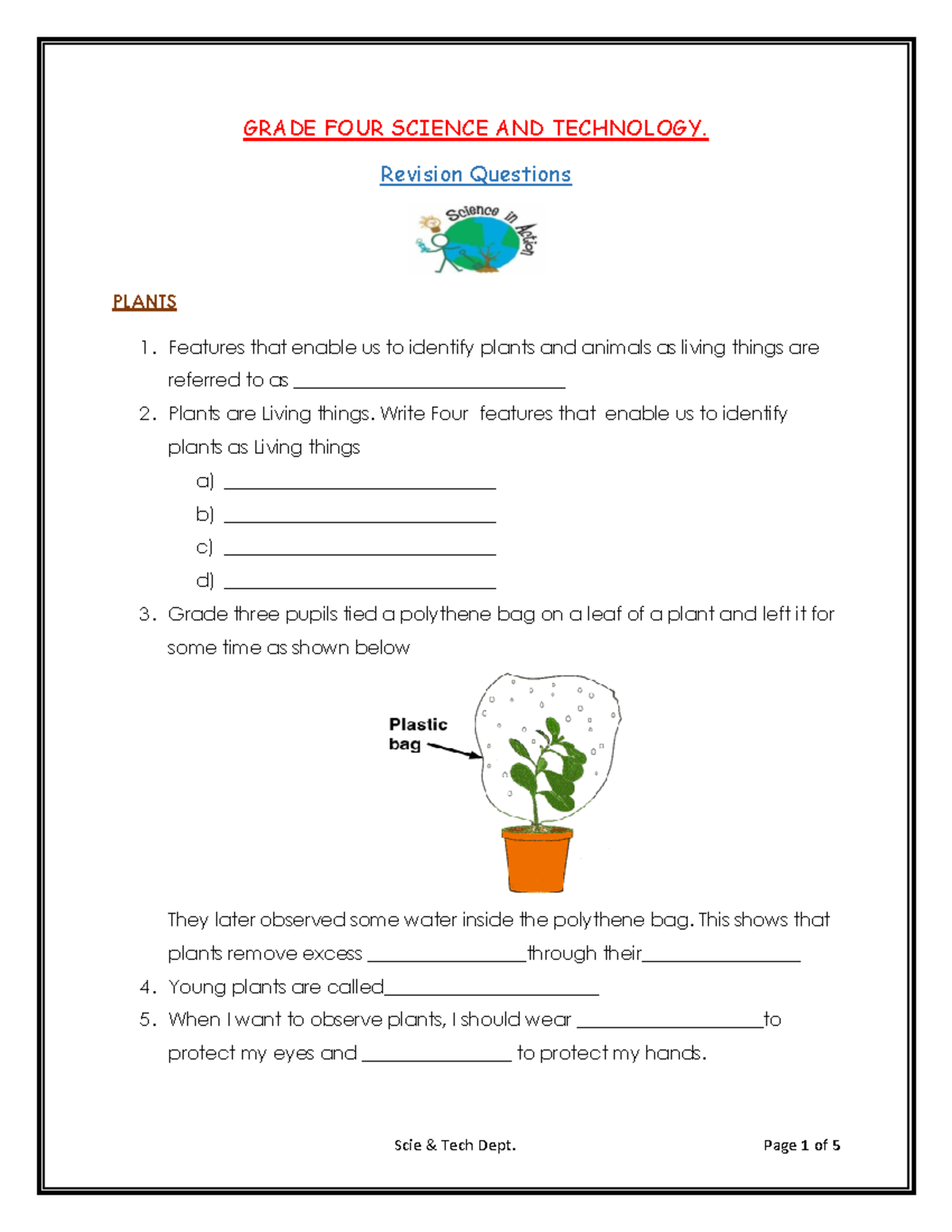 Grade 4 Science and Technology Revision Questions - GRADE FOUR SCIENCE ...