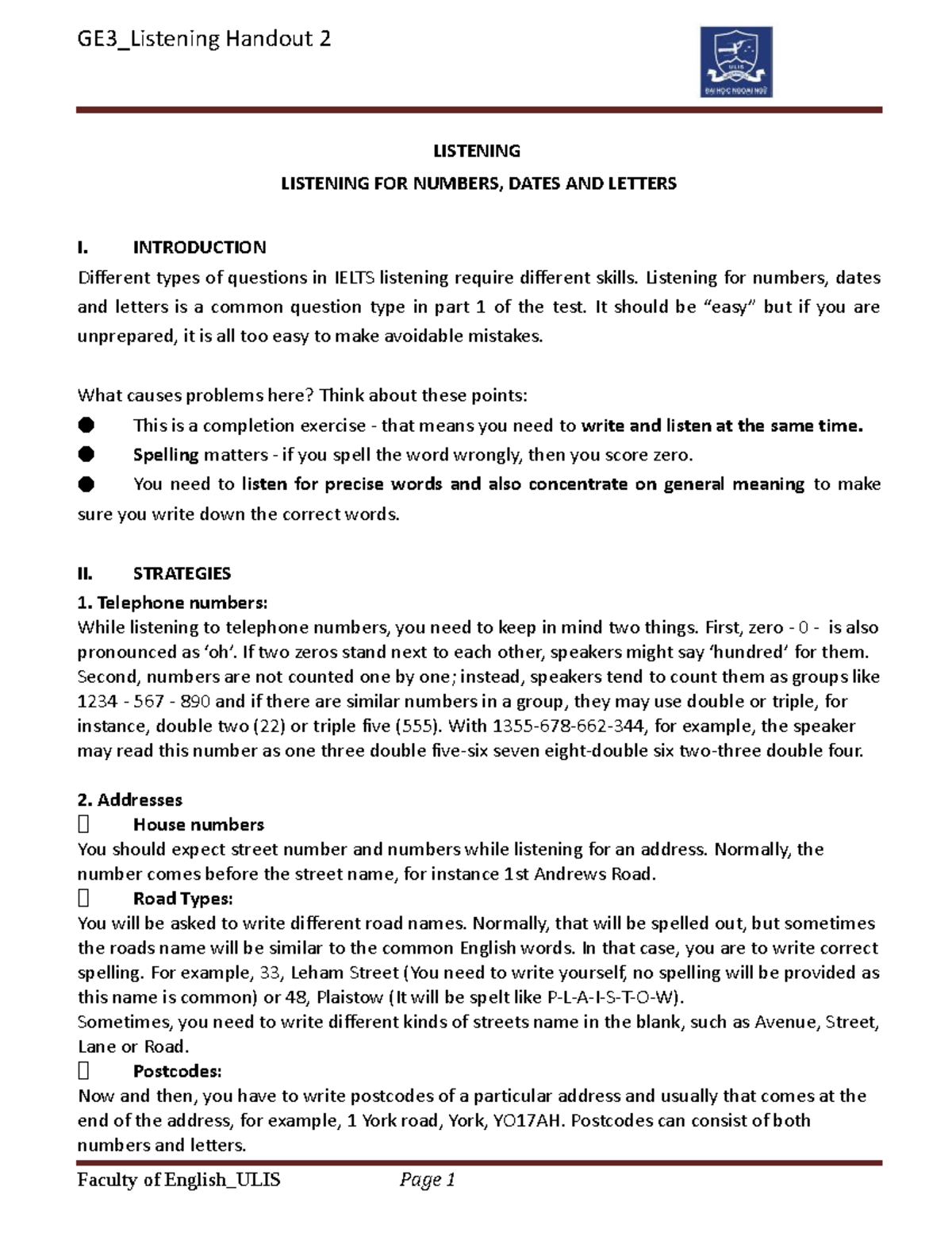 Excercise GE3 Listening handout 2 for Ss - LISTENING LISTENING FOR ...