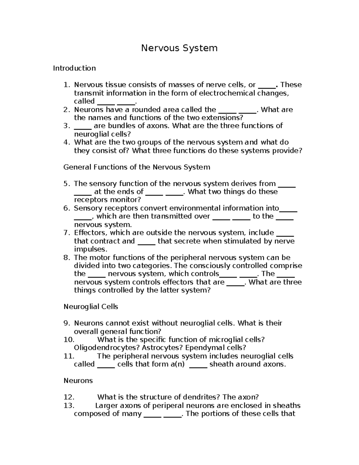 AP Nervous System worksheet - Nervous System Introduction 1. Nervous ...