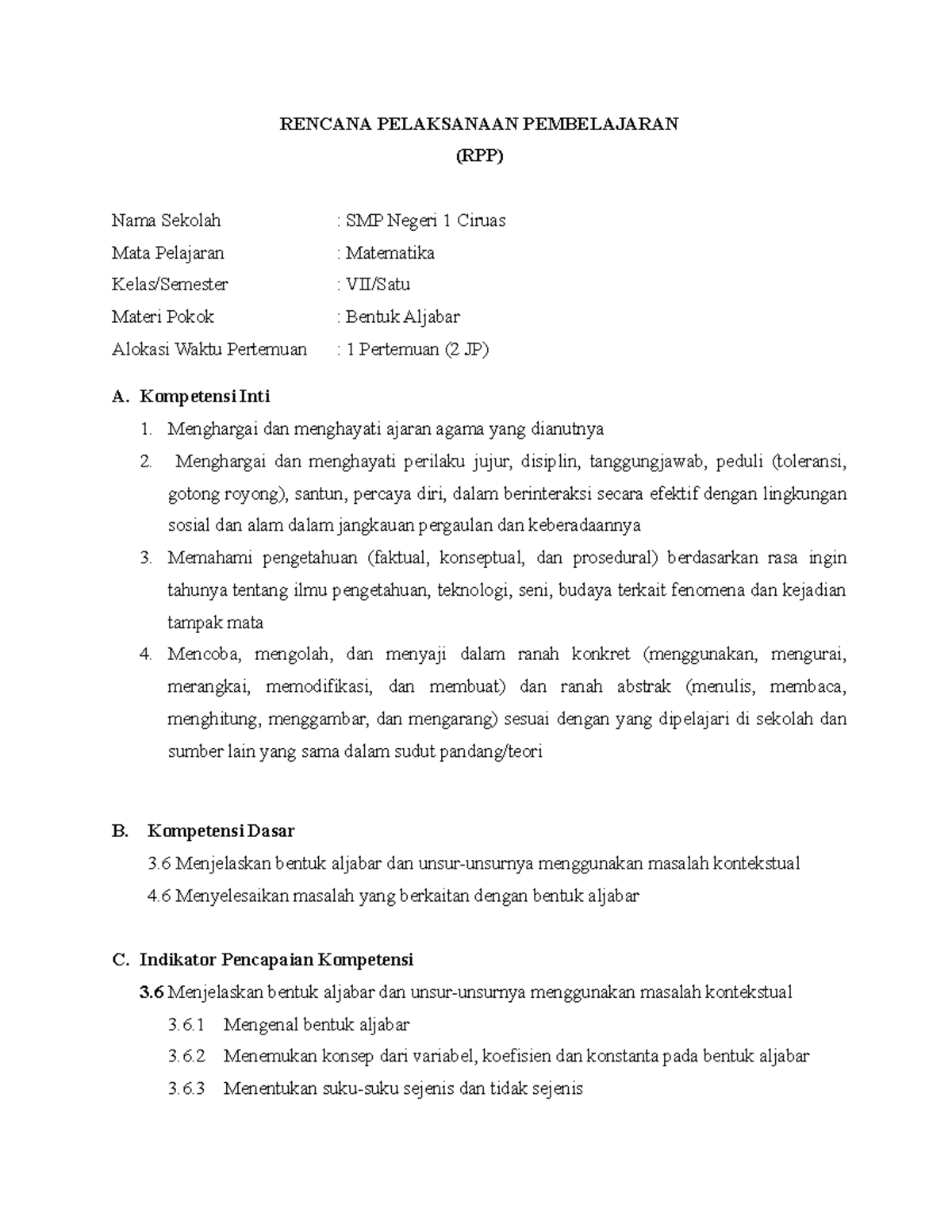 RPP Bentuk Aljabar Pert 1 docx - RENCANA PELAKSANAAN PEMBELAJARAN (RPP ...