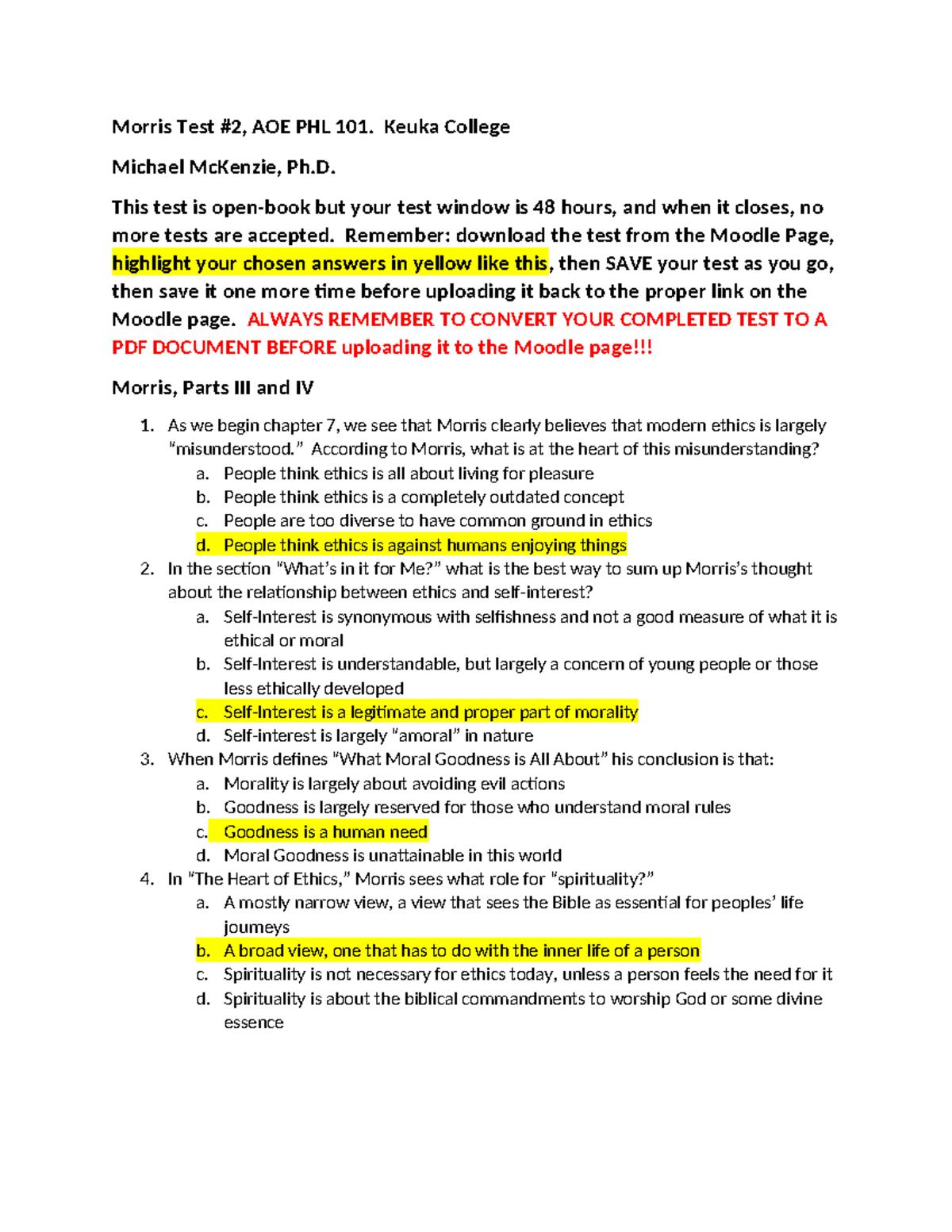 Morris Test #2 - Morris Test #2, AOE PHL 101. Keuka College Michael ...