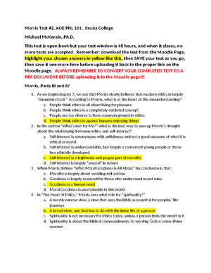 Morris Test #1 - Morris Test #1, AOE PHL 101. Keuka College Michael ...