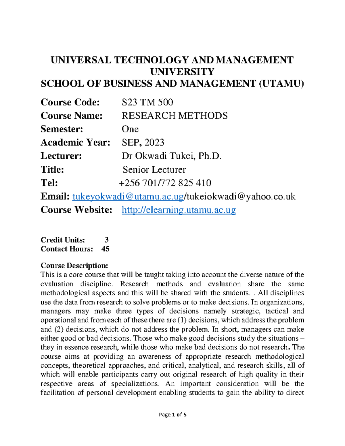 TM 500 [SBM] Outline SEP 2023 Final - UNIVERSAL TECHNOLOGY AND ...