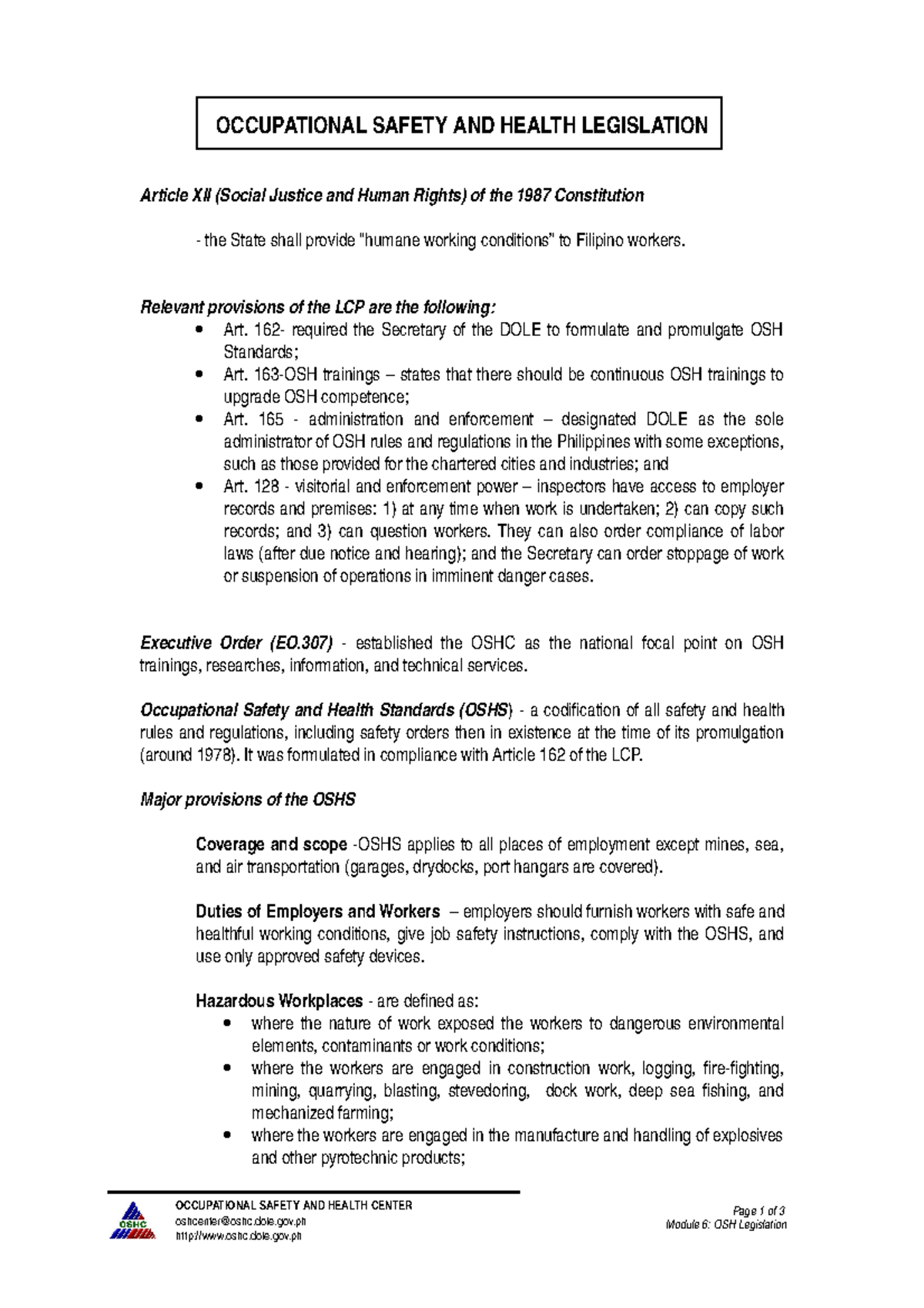 OSH Legislation - OCCUPATIONAL SAFETY AND HEALTH CENTER oshcenter@oshc ...