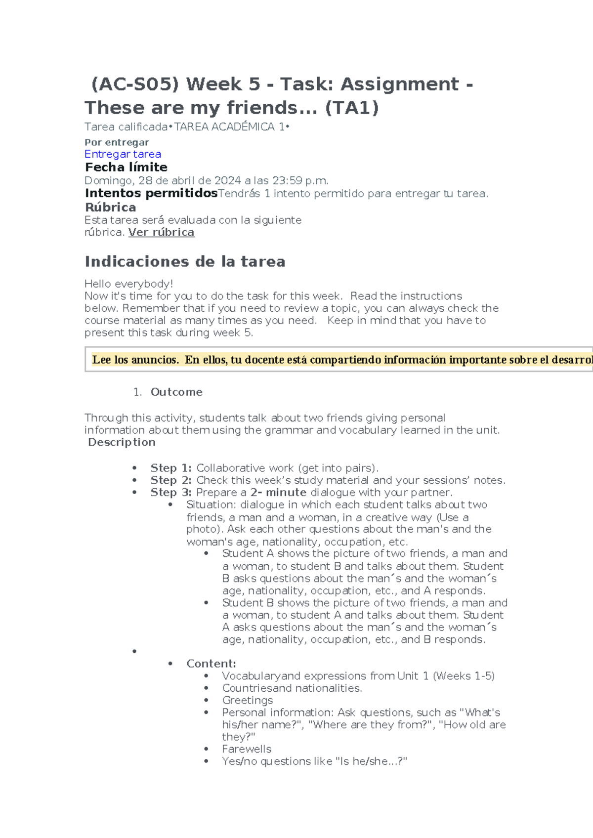 (AC S05) Week 5 Task Assignment These are my friends TA1 - .. (TA1) Tarea calificada•TAREA ...