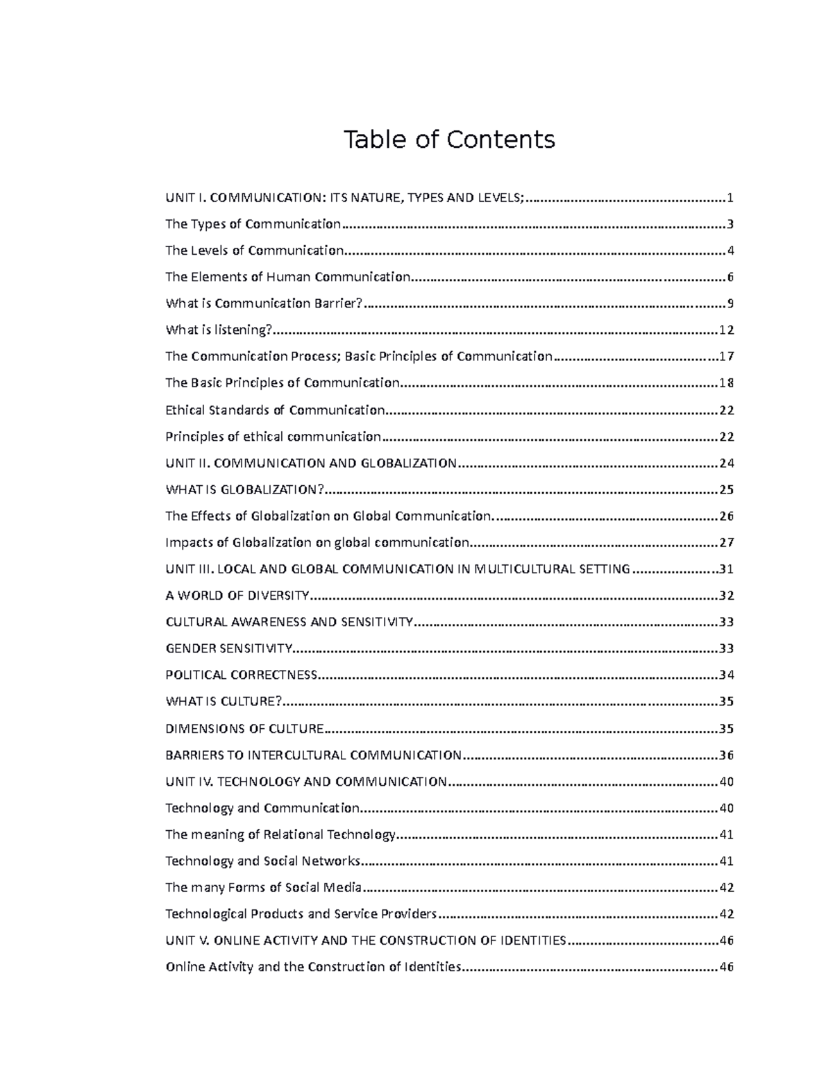 Ge05-module-1 - N/A - Table of Contents UNIT I. COMMUNICATION: ITS ...