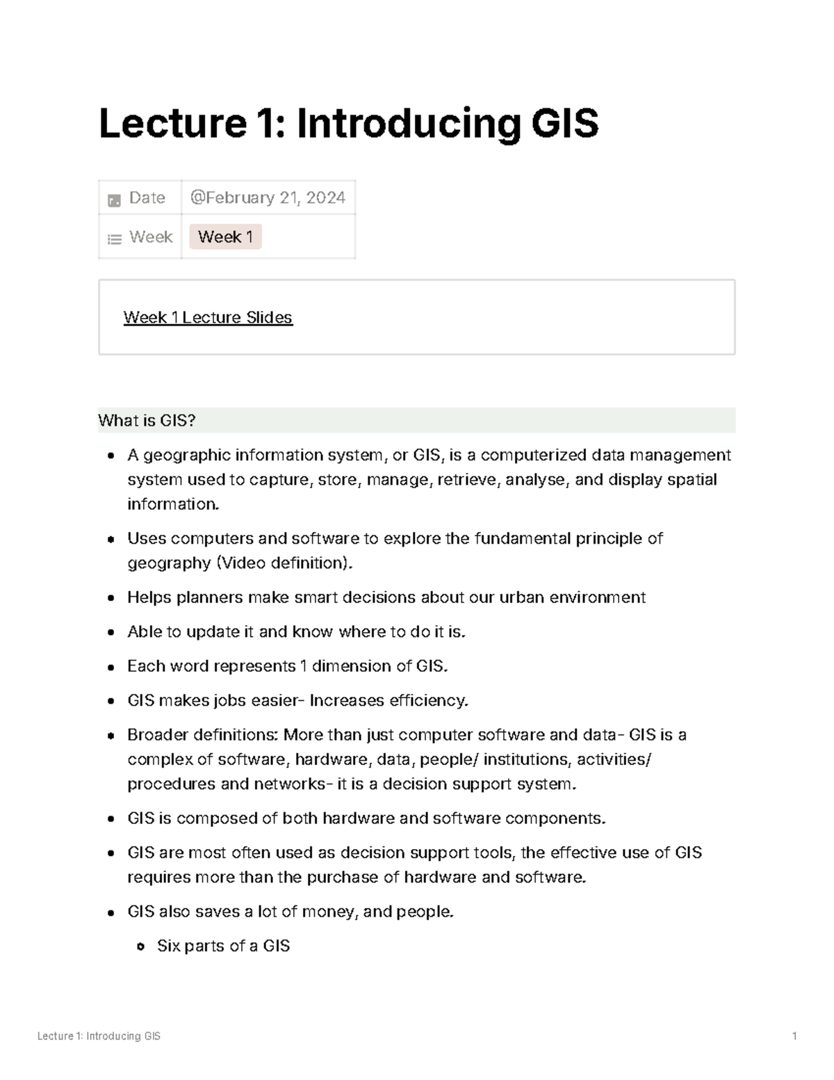 Lecture 1and 2 Notes Lecture 1 Introducing Gis 1 Lecture 1 Introducing Gis Date Week Week 1
