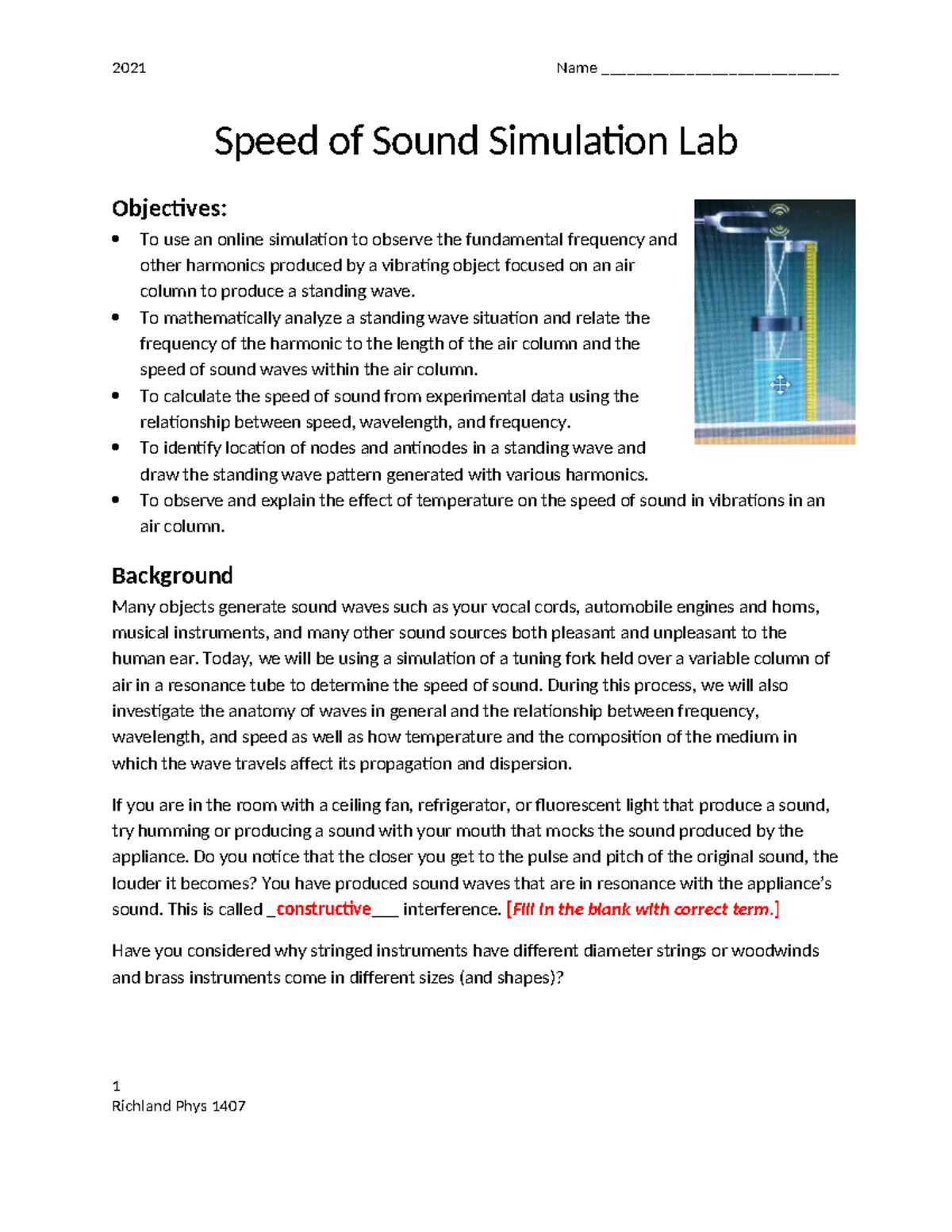 Lab 1-Speed of Sound in a Resonance Column - Speed of Sound Simulation ...