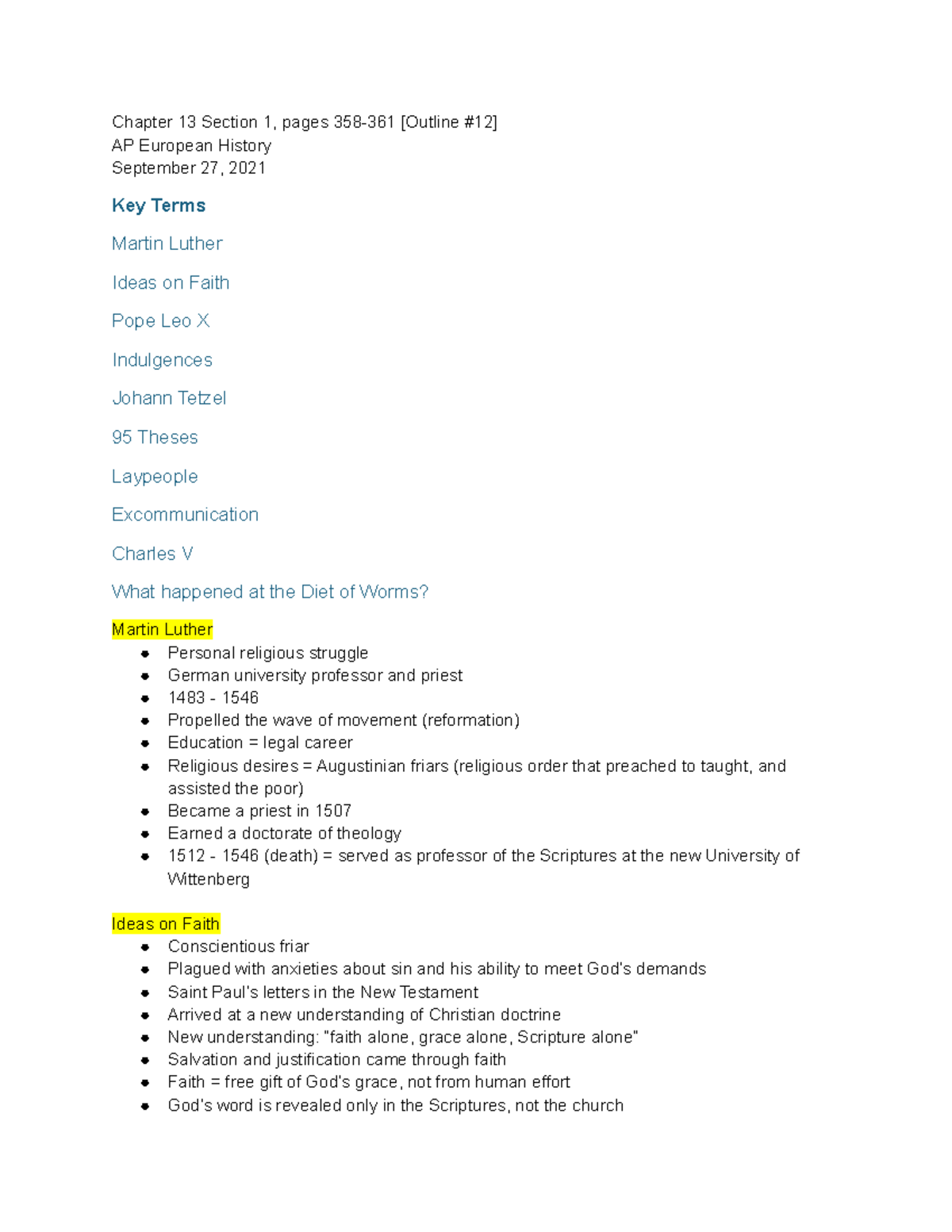 Chapter 13 Section 1, pages 358-361 [Outline #12] AP European History ...