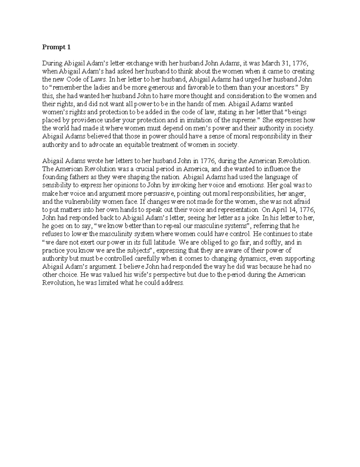 M4A2 - work - Prompt 1 During Abigail Adam’s letter exchange with her ...