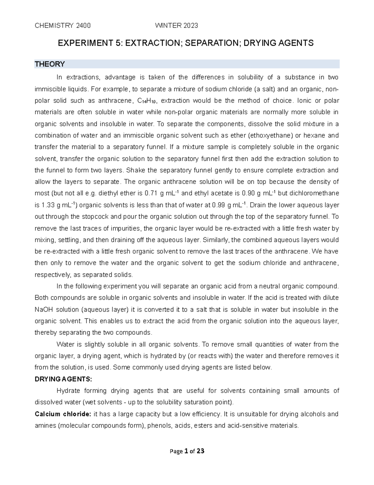 Experiment 5 Extraction - CHEMISTRY 2400 WINTER 2023 EXPERIMENT 5 ...