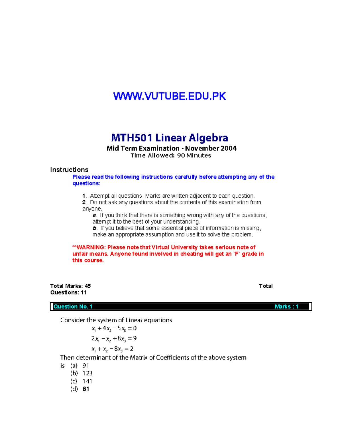 MTH501 Subjective file for Mid Term download (VUStudentspk - MTH501 Linear Algebra ####### Mid ...