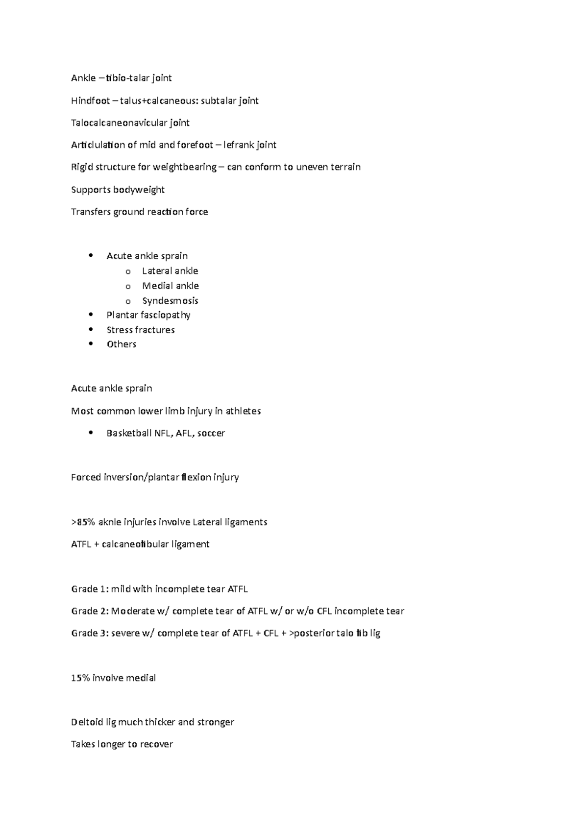 Lecture notes - mnbvcx - Ankle – tibio-talar joint Hindfoot – talus ...