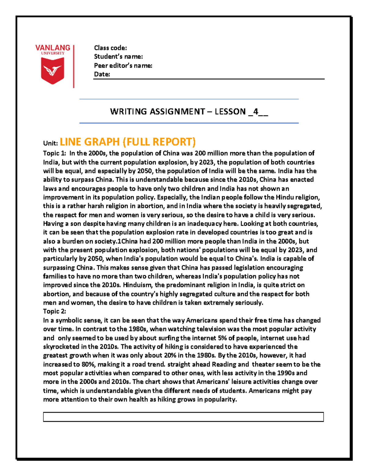 Writng - anh van - Class code: Student’s name: Peer editor’s name: Date: WRITING ASSIGNMENT ...