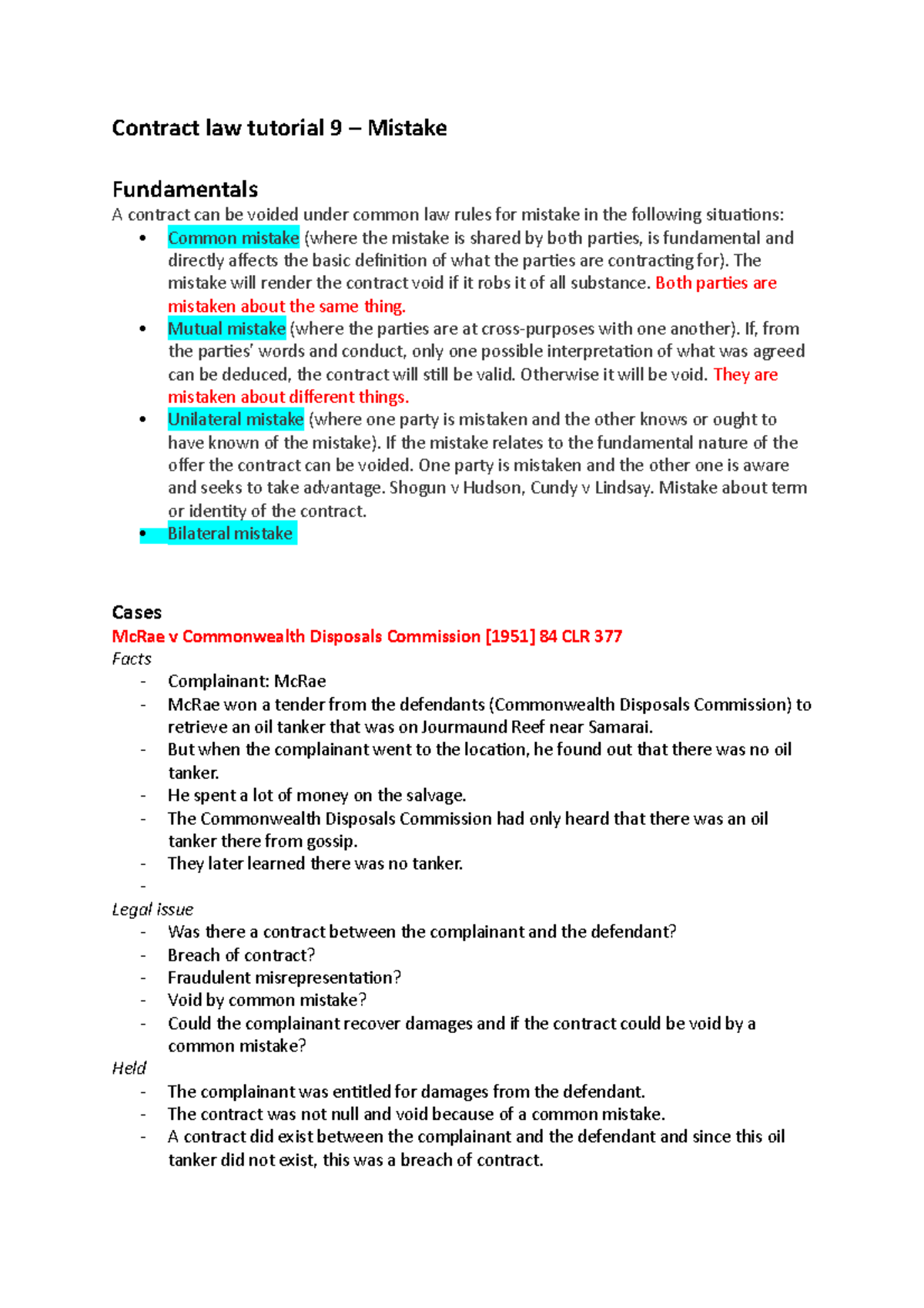 Contract law tutorial 9 - The mistake will render the contract void if it robs it of all ...