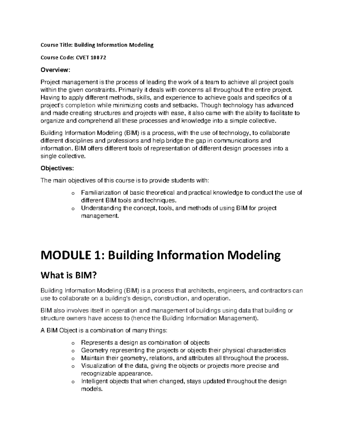 BIM Module 1 - Course Title: Building Information Modeling Course Code ...