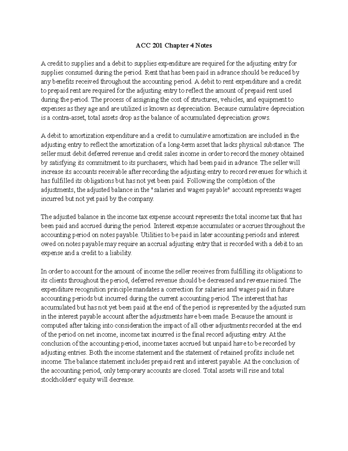 ACC 201 Chapter 4 Notes - ACC 201 Chapter 4 Notes A credit to supplies ...