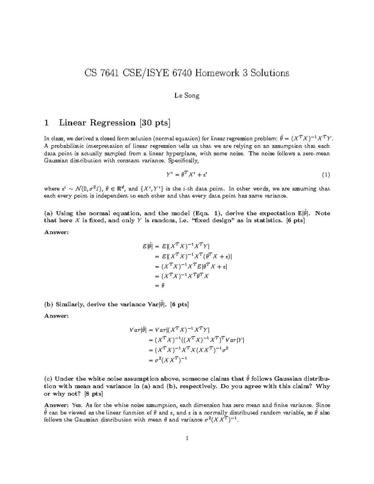 Sol3 Homework Solution Cs 7641 Cseisye 6740 Homework 3 Solutions Le Song 1 Linear 