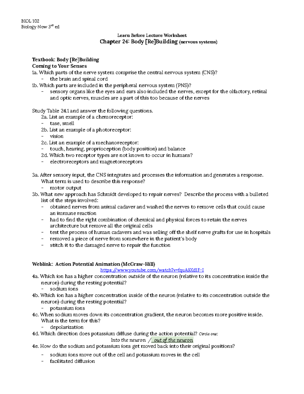LBL-23 Ch. 24- Body Building (Nerves) - BIOL 102 Biology Now 3rd ed ...