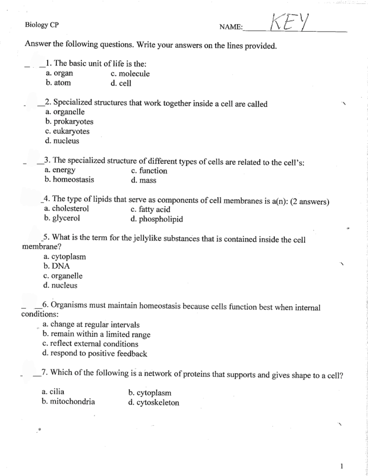 Cell Structure and Function HW KEY 2 - Biology CP NAME: KEY Answer the ...